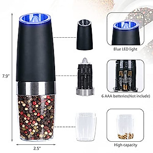 2 Pack Gravity Electric Salt and Pepper Grinder Set Automatic Battery Powered Salt Mill, Adjustable Coarseness, with Blue LED Light, One Hand Operated