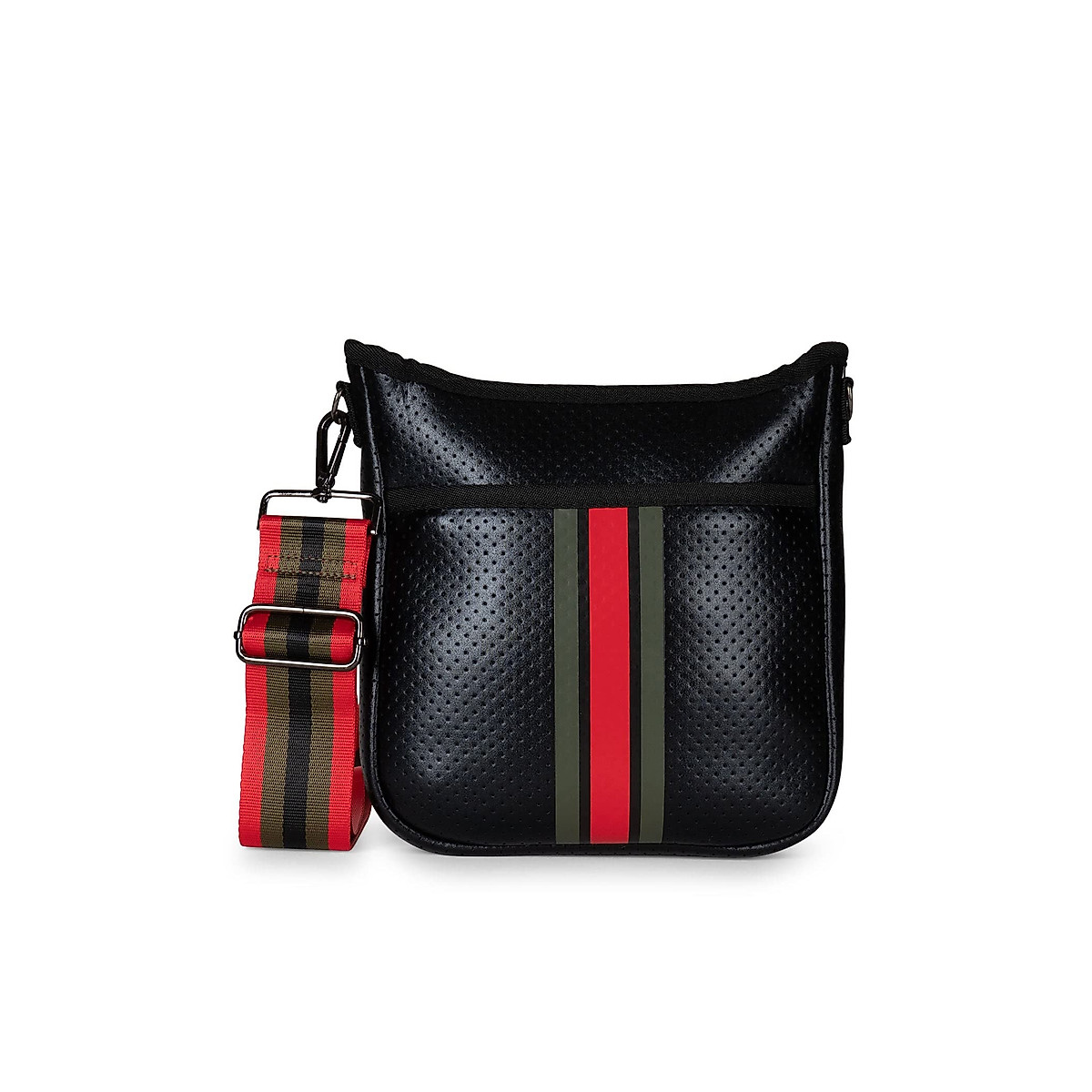 Haute Shore - Jeri Bello Crossbody Tote, Black Coated W/Olive, Black, & Red Stripe