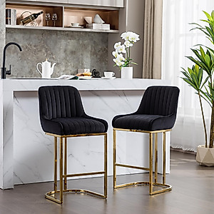 Shunzhi Modern Counter Height Bar Stools Set of 2 Black Bar Stools with Back/Gold Legs Upholstered Velvet Barstools 26'' Kitchen Counter Stools Bar Chairs for Kitchen Island Home Bar Pub
