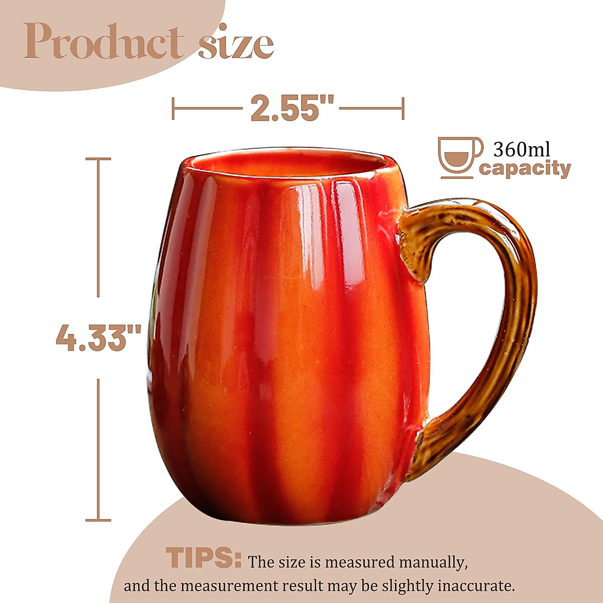 Artceramic Pumpkin Mugs, Ceramic Coffee Mugs and Tea Mug, Novelty Orange Ceramic Pumpkin Shaped Cup, Halloween, Thanksgiving, Christmas, Birthday Gifts,1PC