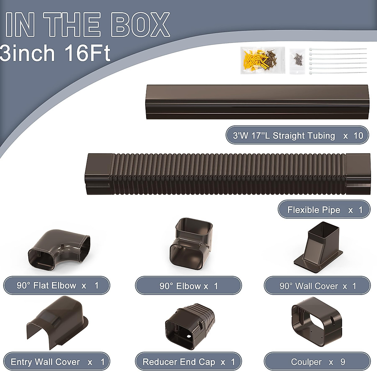 Flamorrow 3" 16Ft Brown AC Line Set Cover Kit, Decorative PVC Tubing Cover Kit for Ductless Mini Split Air Conditioner, Central AC and Heat Pump System