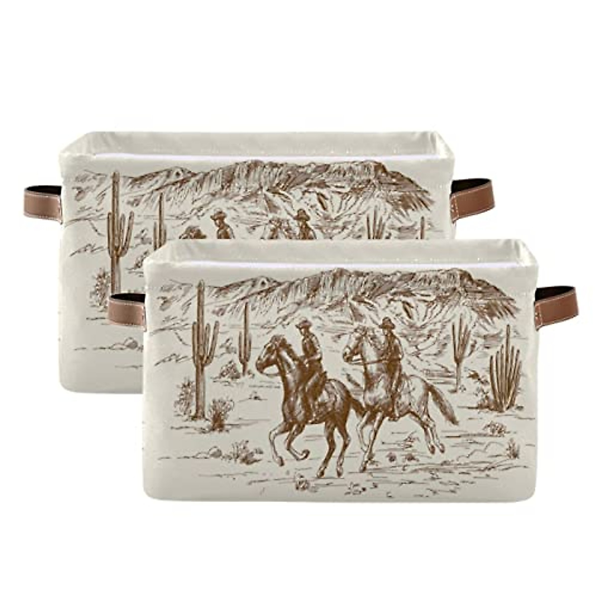Cowboy Storage Basket Western Desert Cowboy Storage Bin Collapsible Large Storage Baskets with Leather Handles Storage Cube Box Organizer for Closet Toys Gift Basket,1PC