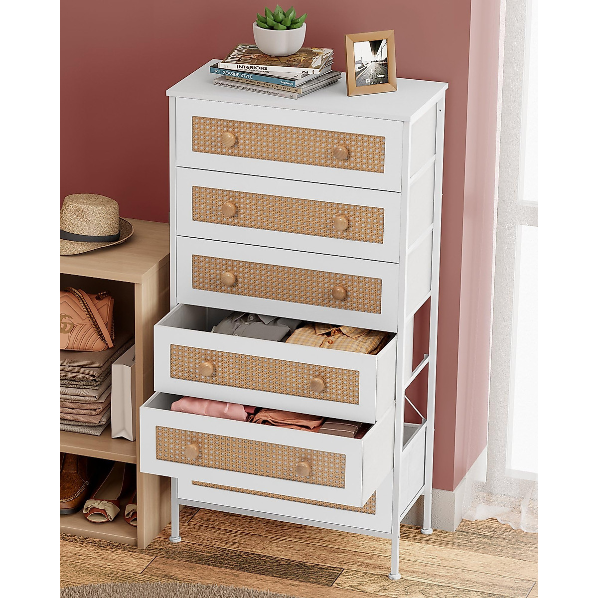 Crestlive Products Rattan Dresser Storage Tower, Tall Fabric Dresser, Chests of Drawers, Wood Top &Wood Handles - Organizer Unit for Bedroom, Hallway, Entryway, Closets - 6 Drawers (White)