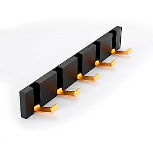 GRATIAM Coat Rack Wall Mount with 5 Gold Hooks, Space-Saving Organizer for Hats, Bags, Jackets, Umbrella, Scarves, Designer Home Decor for Entryway, Bathroom, Bedroom (Black+Gold, 5 Hooks)