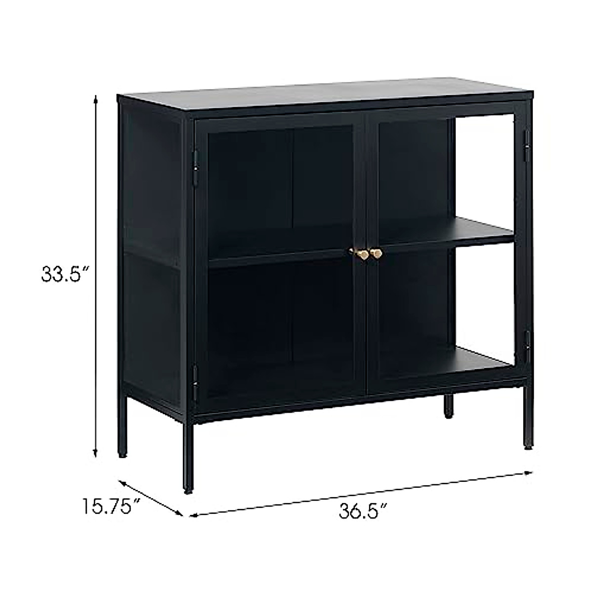 Modern Dover 2-Section Sideboard with Tempered Glass Doors, Steel Frame, Adjustable Height Feet, Freestanding for Home Office, Living Room, ‎Bathroom, Nursery, Bedroom, 15.75x36.5x33.5 in., Black/Gold