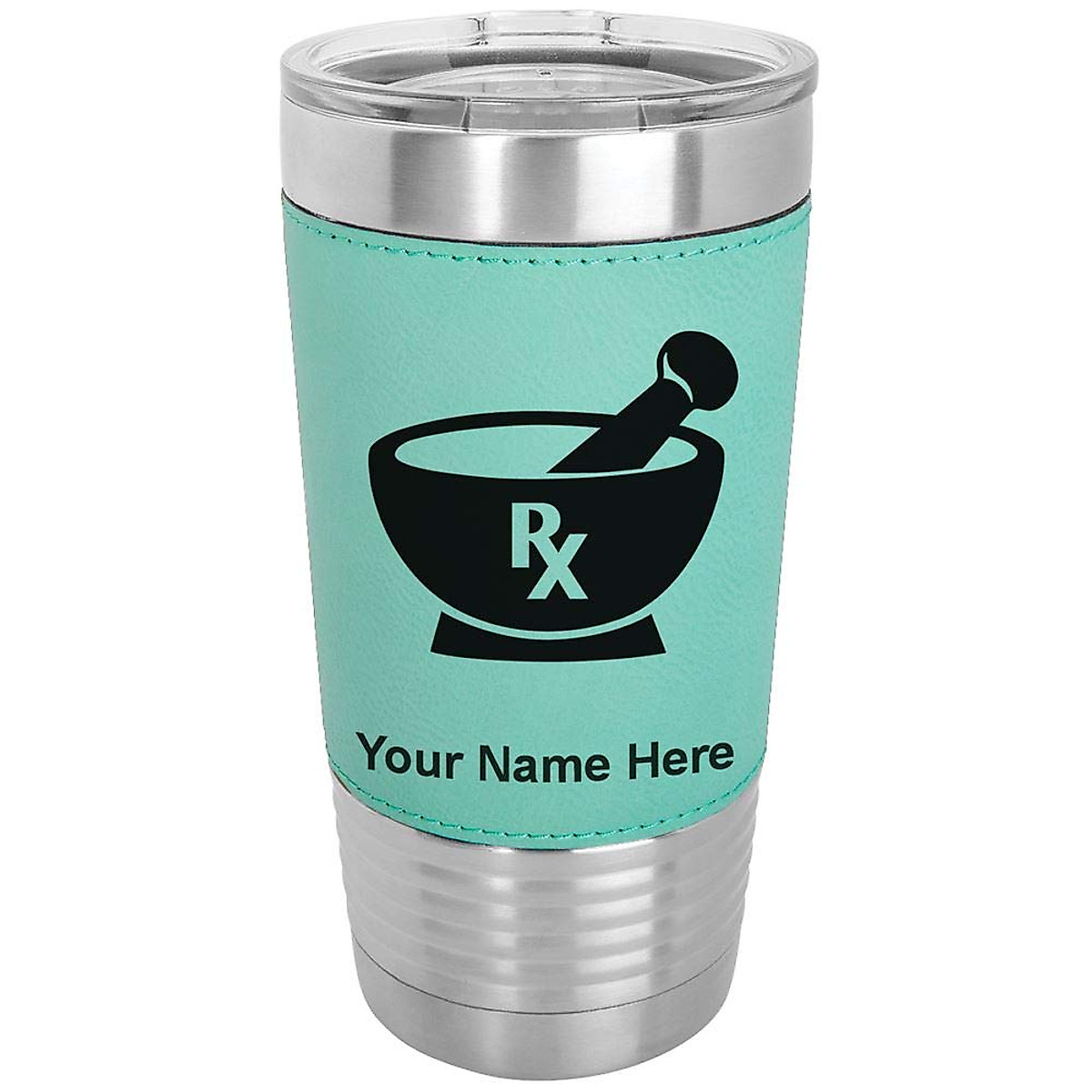 LaserGram 20oz Vacuum Insulated Tumbler Mug, Rx Pharmacy Symbol, Personalized Engraving Included (Faux Leather, Teal)