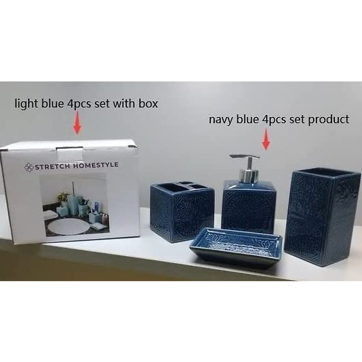 Blue Teal Bathroom Accessory Set,4 Pcs Bathroom Soap Dispenser Set Hand Pump Soap Dispenser, Vanity Countertop Accessory Set-Bathroom Soap Dispenser Set,Toothbrush Holder Set, with Soap Dish,Tumbler.