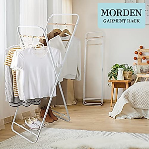 ZOES HOMEWARE Modern Foldable Garment Rack Heavy Duty Collapsible Clothing Rack for Hanging Clothes,Portable Steel Standing Clothes Rack with Shelves for Clothes,Space Saving-White