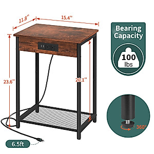 Yoobure Side Table with Charging Station, End Tables Living Room, Industrial 2 Tier Nightstand with USB Ports, Rustic Narrow Small Table with Storage Shelf for Bedroom, Office, Small Spaces