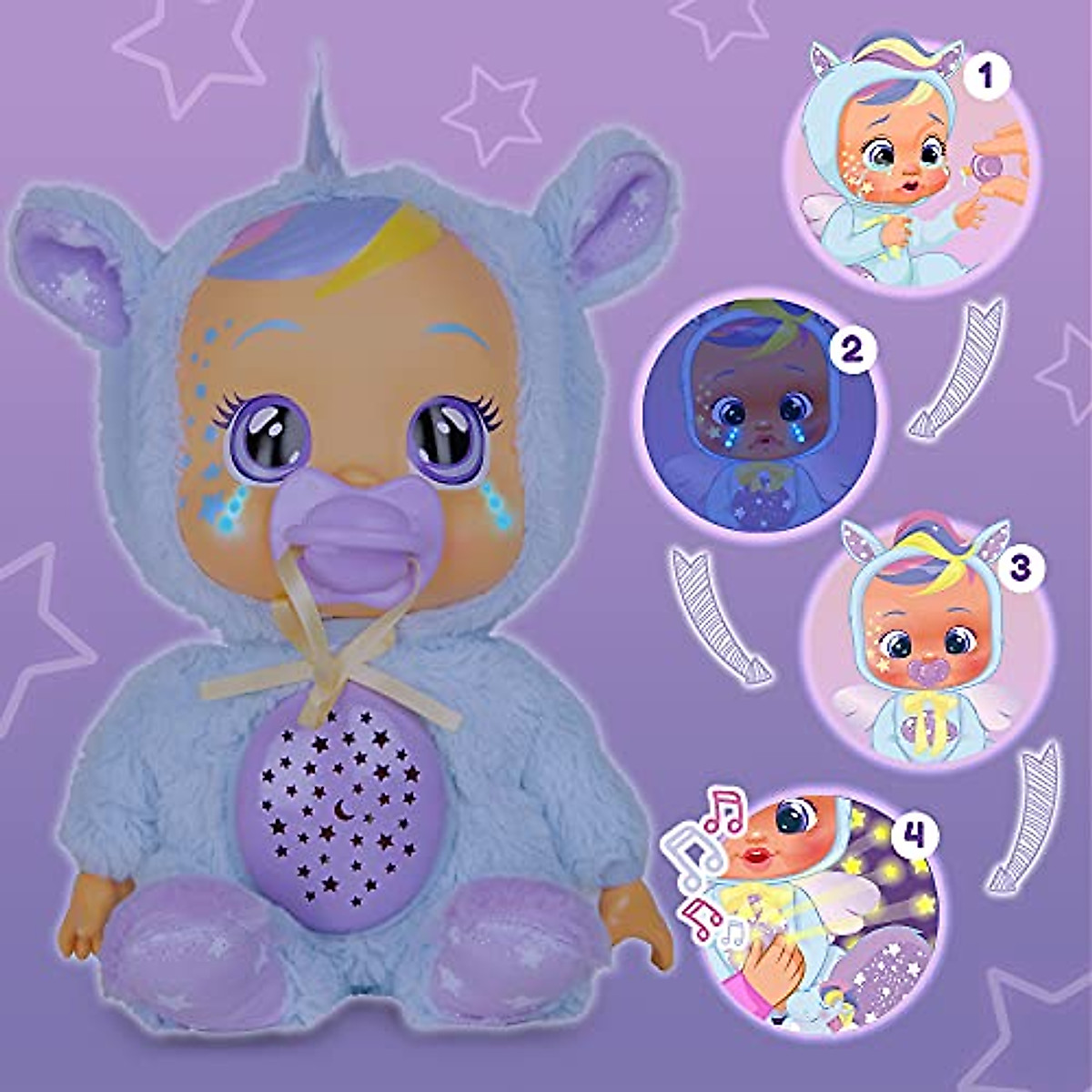 Cry Babies Goodnight Jenna - 12" Sleepytime Baby Doll | Plays 5 Lullabies and Night Light Starry Sky Projection , Blue
