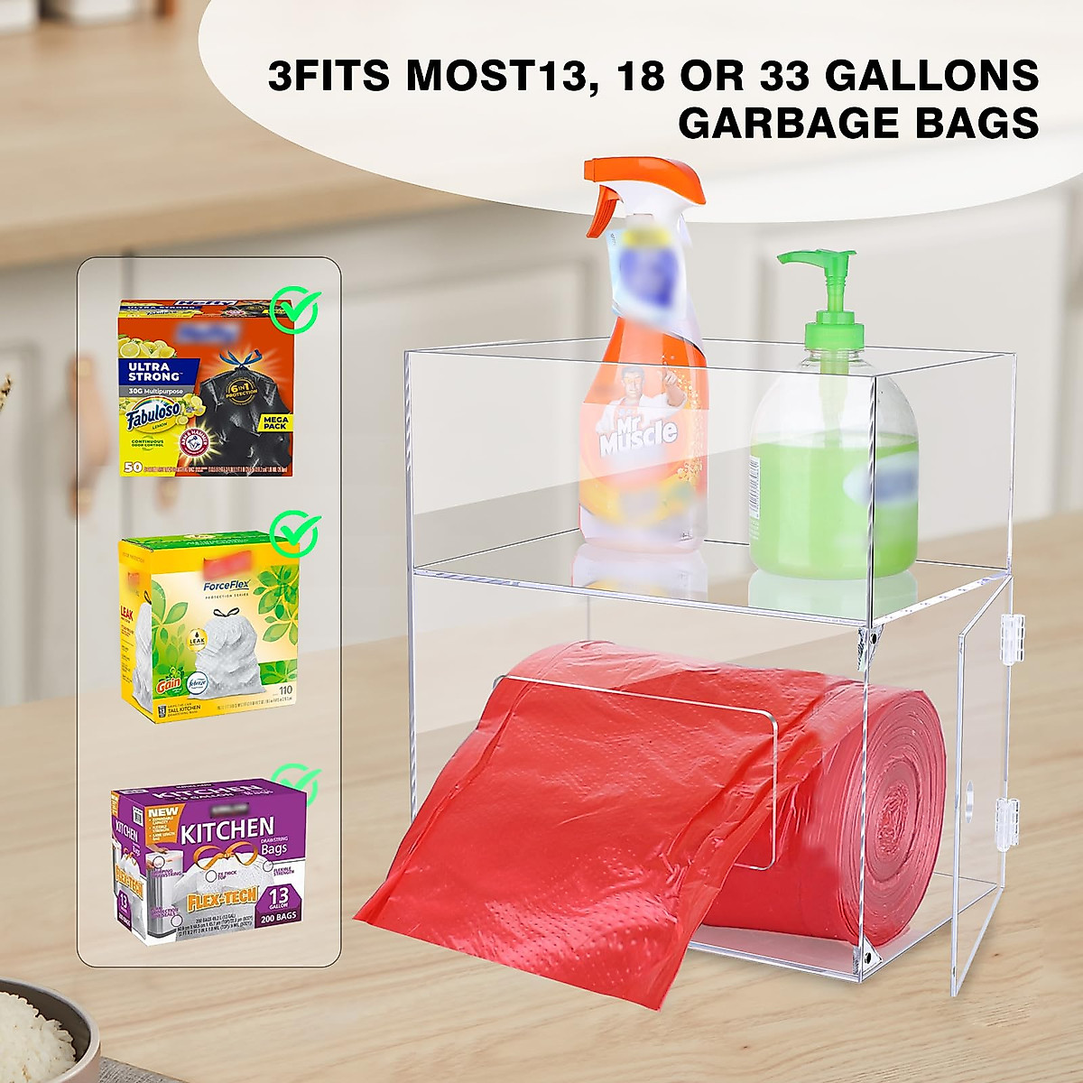 mwellewm Trash Bag Dispenser 2 in 1 Extra Large Acrylic Garbage Bag Roll Holder Under Sink Plastic Bag Storage Box with Lid Kitchen Inside Trash Can Grocery Bag Organizer(10.4 x 6.5 x 11.4 inches)