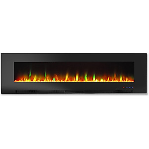 Hanover Fireside 60'' Wall Mounted Electric Fireplace with Crystal Rock Display and LED Multi-Color Realistic Flame, Modern Wall Fireplace Heater for Home and Office with Remote Control in Black