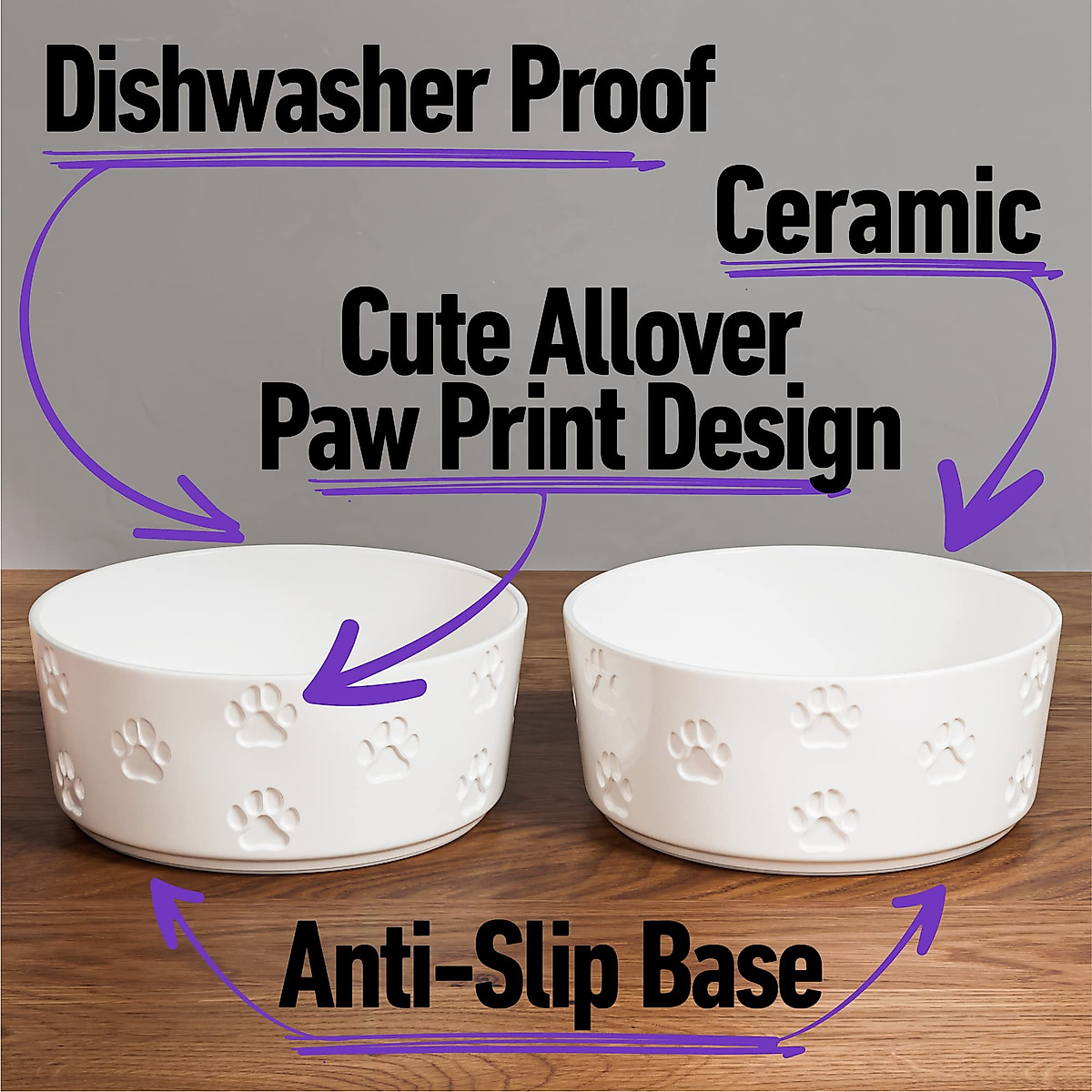 Ceramic Dog Bowl Set of 2 with Anti-Skid Base - 6.5" Wide x 2.5" Tall Ceramic Dog Bowls Medium Sized Dogs - 3 Cup Capacity Food and Water Bowls for Dogs - Rubber Bottom Pet Bowl Set of 2 Medium Size