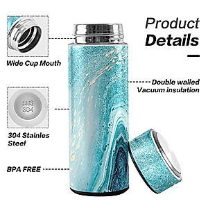 CaTaKu Green Gold Marble Water Bottle Insulated 16 oz Stainless Steel Flask Thermos Bottle for Coffee Water Drink Reusable Wide Mouth Vacuum Travel Mug
