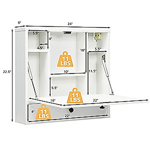 COSTWAY Wall-Mounted Computer Desk, Floating Desk with Storage Drawer & Shelves, Fold-up Desktop & Pneumatic Springs, Ideal for Home, Office, Dormitory, Small Spaces (White)
