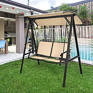 Tangkula 2-Person Patio Swing, Weather Resistant Porch Swing with Adjustable Canopy, Steel Frame, Outdoor Modern Canopy Swing with Handrails, Suitable for Porch Garden Poolside (Coffee)