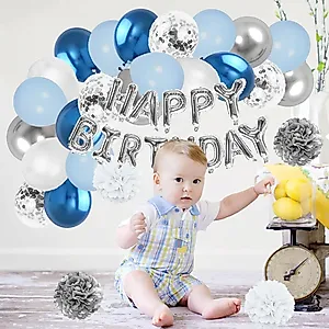 Baby Blue and Silver Birthday Decorations Light Blue White Silver Birthday Party Decorations Blue Balloon Garland Kit with Silver Happy Birthday Balloon Banner Cake Topper for Boys Girls