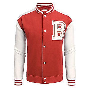 COOFANDY Men Varsity Jackets High School Letterman Jacket Wool Bomber Jacket Casual Jacket Red
