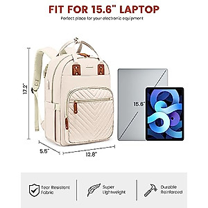 LOVEVOOK Quilted Backpack for Women, 15.6 Inch Computer Bag, Stylish Travel Backpack Purse Notebook with USB Port Waterproof Casual Daypack Large Bags for Daily Work, Beige