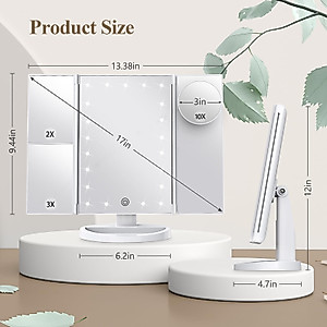 Makeup Mirror Vanity Mirror with Lights, 2X 3X 10X Magnification, Lighted Makeup Mirror, Touch Control, Trifold Makeup Mirror, Dual Power Supply, Portable LED Makeup Mirror, Women Gift (White+10X)