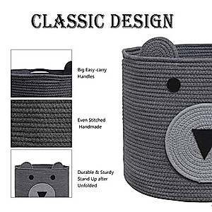 COMEMORY Cotton Rope Storage Basket with Cute Bear Design, Foldable Rope Bin Basket, Decorative Animal Basket for Toys, Blanket, Towels, Clothes, 12"(D) x 10"(H)