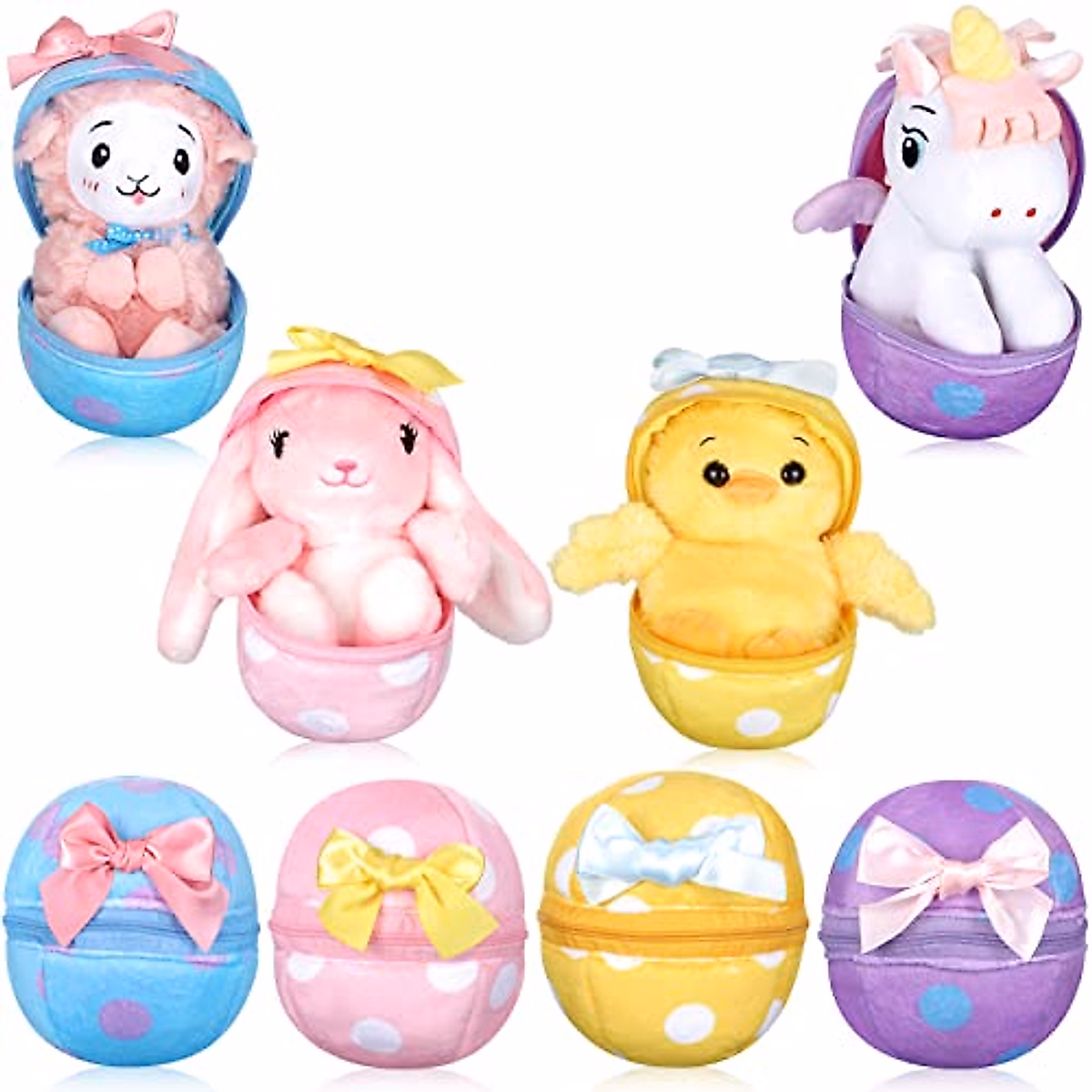 Skylety 4 Packs Easter Egg Stuffed Animals 6 Inch Easter Eggs Filled with Llama Unicorn Chick Rabbit Plush Inside for Easter Basket Stuffers Presents Exchange Party Favors Gifts