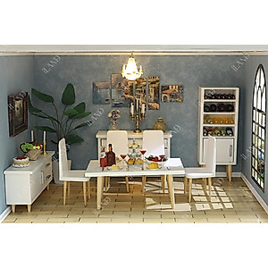 iLAND Dollhouse Furniture on 1/12 Scale of Dining-Room, Wooden Doll House Furniture Miniature of Table Chair & Cabinet (Modern Miniature Furniture 8pcs)