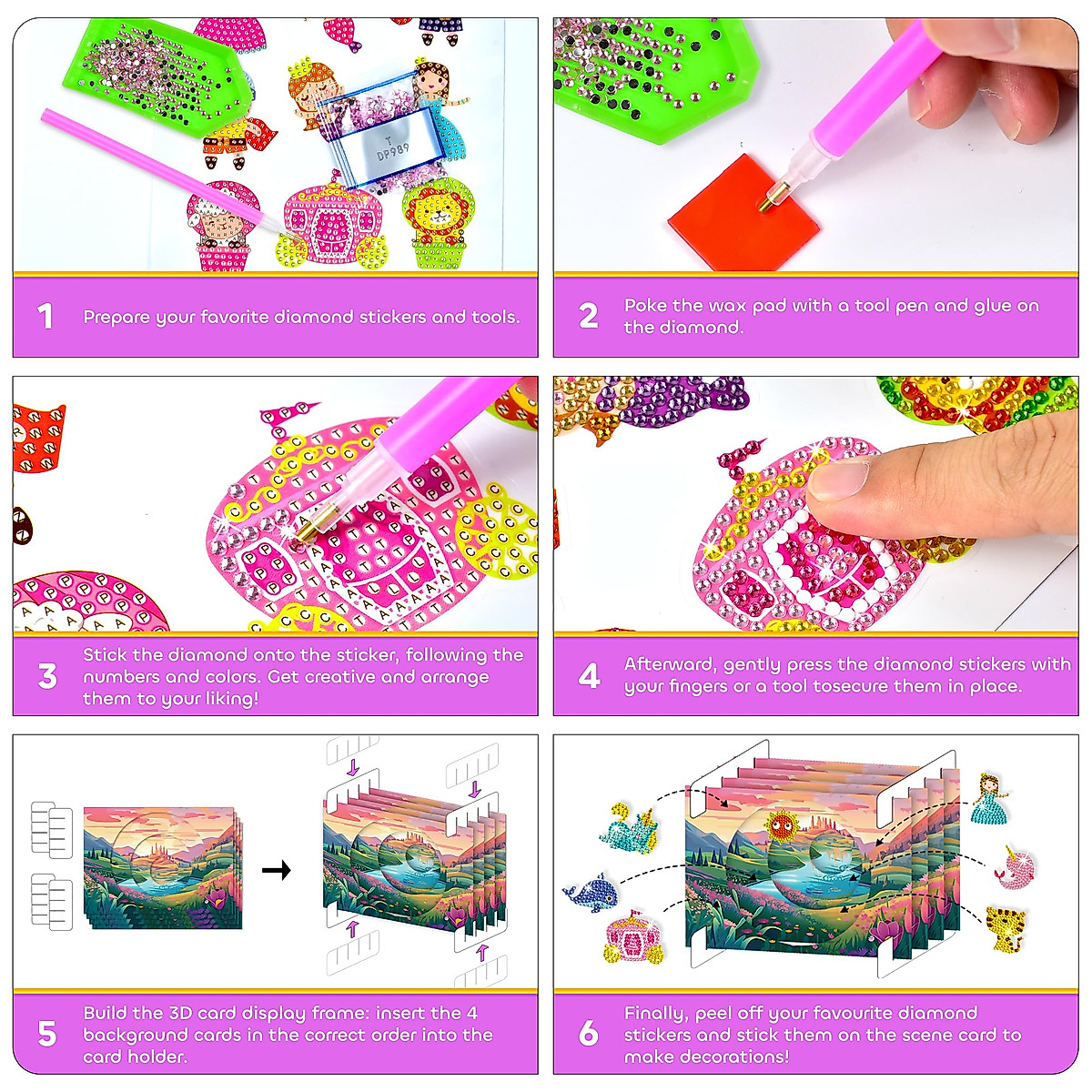 Diamond Art Painting Stickers Kits, 56 PCS 5D DIY Diamond Art Stickers for Beginners, Cute Animals, Princesses, Unicorns Gem Stickers Crafts for Kids, Gift for Girls (with 3D Background Display Card)