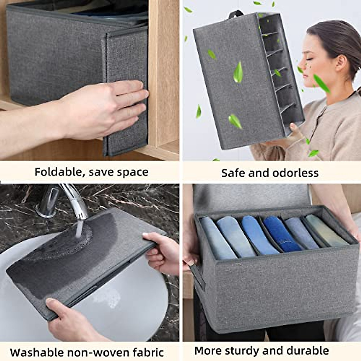 Wardrobe Clothes Organizer, Large Jeans Organizer for Closet, Closet Organizers for Folded Clothes, Washable Foldable Drawer Organizers for Clothing, Shirt Organizer, Pants, Sweaters, 6 Grid 4 Pack