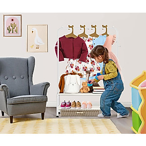 Kids Clothing Rack - Kids Dress Up Clothes Storage Racks - Baby Toddler Clothes Rack - Small Kids Costume Wardrobe Rack with 2 Fabric Floors Storage Shelf - Mini Short Kids Clothing Garment Rack