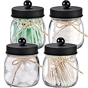 Farmhouse Rustic Decorative Mason Jars, Bathroom Vanity Storage Organizer Canisters,Cute Glass Apothecary Jars with Stainless Steel Lid for Cotton Swabs,Rounds,Balls,Floss Picks,4 Pack (Clear/Black)