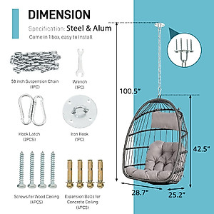 Patiorama Indoor Outdoor Egg Swing - Rattan Hanging Chair w/Cushion, 350lbs Capacity, All Weather Foldable Hammock Chair for Bedroom, Porch (Light Grey)