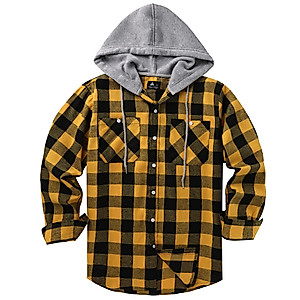 SCODI Mens Flannel Hoodie Shirt Casual Button Down Plaid Jacket Shirts Stylish Long Sleeve Shirts with Pocket Yellow Large