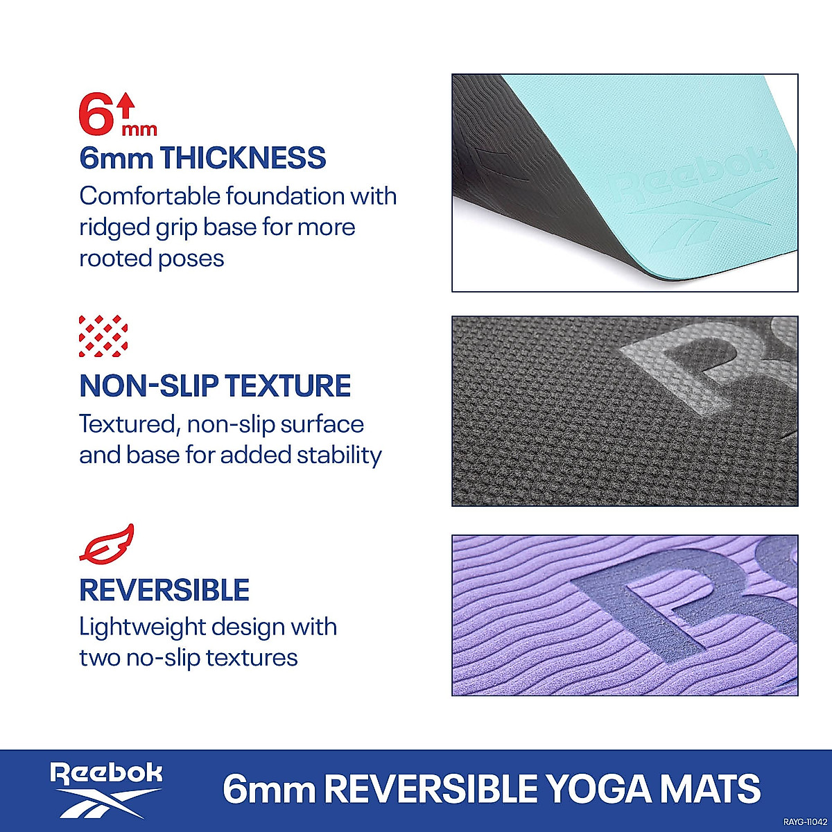 Reebok Double-Sided Yoga Mat - Lightweight, Compact, Rollable, and Cushioned Supportive Workout Mat for Yoga, Pilates, and General Exercise - Non Slip Base with Reversible Design - 6mm, Purple