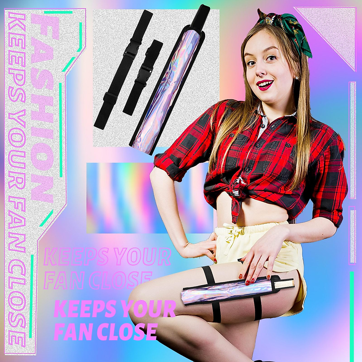 Cosblank Summer Rave Fan Holster Rave Fan Holder Folding Hand Fan Pouch Foldable Fan Sleeves with Waist Belt for Thigh Party (Holographic Silver,Classic Style)