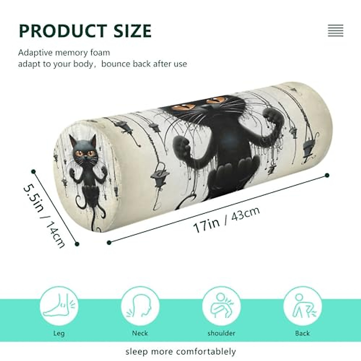 xigua Funny Cat Neck Roll Pillow for Neck Relief with Removable Washable Cover - Memory Foam Round Cylinder Bolster, Ergonomically Designed for Head, Neck, Back, and Legs