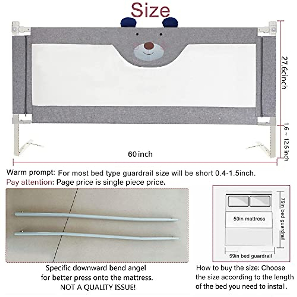 SYOO SINGYOO Bed Rails for Toddlers- New Upgraded Extra Long Bed Guardrail Full Size Baby Bedrail for Children Fit for Twin Queen & King Size Bed Mattress Cute Bear (one Side 60(L)*30(H)inch, Buck)