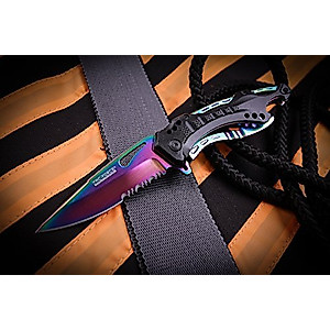 Snake Eye Tactical Assisted Opening Tactical Folding Knife, Rainbow Half-Serrated Blade, Black Handle, 4-1/2-Inch Closed, Rainbow (2-Pack)