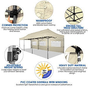 COBIZI 10x30 Heavy Duty Pop up Canopy with 8 sidewalls Stable Wedding Outdoor Tents for Parties Canopy Pop Up Party Tent UPF 50+ Waterproof Commercial Gazebo with Roller Bag, Khaki(Windproof Upgraded)