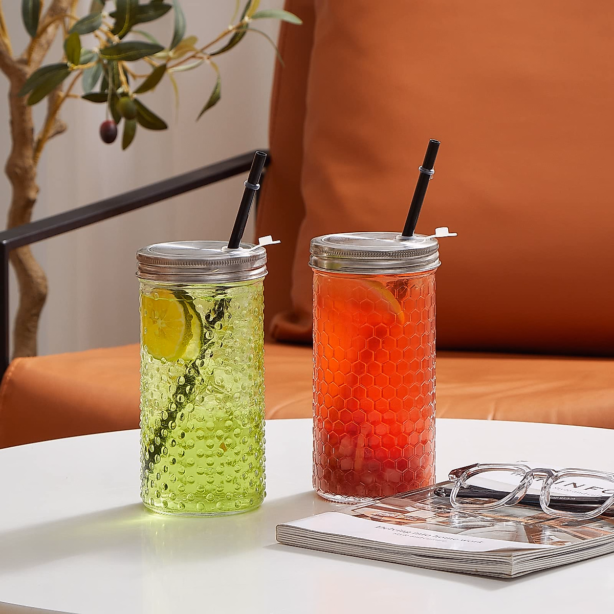 4Pack Glass Tumblers with Stainless Steel Lids and Straws, 24 OZ Wide Mouth Mason Jar Drinking Glasses for Iced Coffee/Tea, Juices and Cocktail, Travel Glass Bottles with Varitey of Patterns