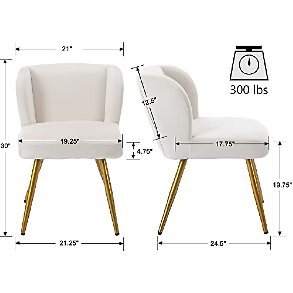 VESCASA Velvet Dining Chairs with Padded Back, Modern Upholstered Accent Chairs with 4 Gold Metal Legs for Dining/Living Room/Bedroom, Set of 2, Cream