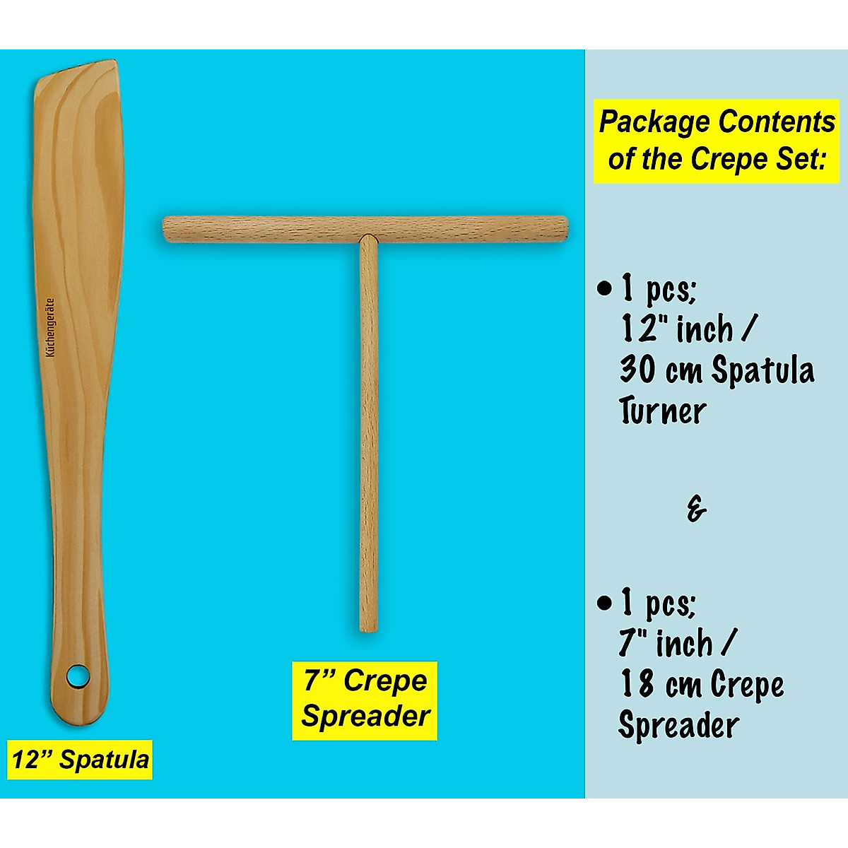 Kuchengerate Set of 2 7" inc Crepe Spreader Stick & 12" inc Spatula Turner - T Shaped Structure - Handmade Natural Beech Wood - No Paint No Polish - Kitchen Decoratives - Best Gift Set Idea