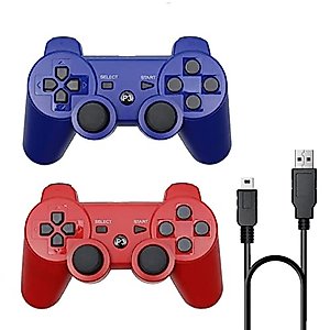 Rzzhgzq 2 Pack PS3 Wireless Controller Playstation 3 Controller Wireless Bluetooth Gamepad with USB Charger Cable for PS3 Console (BLUE+RED)