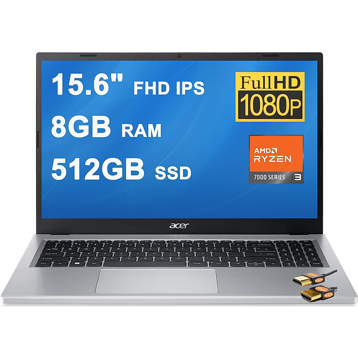 acer Aspire 3 Thin and Light Business Laptop Computer 15.6" FHD IPS Display AMD Quad-core Ryzen 3 7320U Processor 8GB RAM 512GB SSD AMD Radeon 610M Graphics USB-C Win11 Silver + HDMI Cable