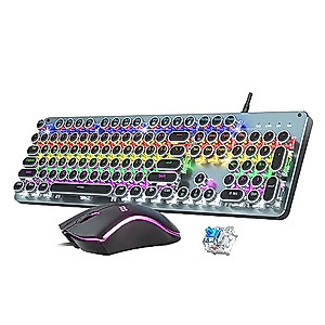 Typewriter Mechanical Gaming Keyboard Mouse Combo, Metal Panel Retro Keyboard with Round Keycap Blue Switch, RGB Backlit 104 Keys Anti-Ghost Wired Keyboard and Mouse with 3 DPI for PC Laptop Mac Gamer