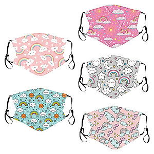 Polwer 5pcs Kids Reusable Face_Masks Washable Cute Cartoon Breathable Seamless Face Covering for Children Boys Girls