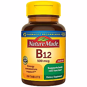 Nature Made Vitamin B12 500 mcg, Dietary Supplement for Energy Metabolism Support, 200 Tablets, 200 Day Supply