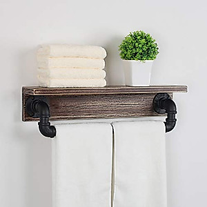 MBQQ Industrial Pipe Shelf,Rustic Wall Shelf with Towel Bar,20" Farmhouse Towel Racks for Bathroom,Floating Shelves Wall Mounted Home Decor Wooden Shelving,Retro Black