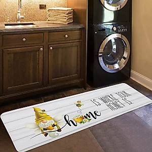 Sabolny Honey Gnomes Bee Comb Kitchen Runner Rug Mat, Bath Shower Bathtub Welcome Door Floor Mat, Farmhouse Daisy Floral Wooden Washable Indoor Outdoor Throw Entry Area Rug Doormat