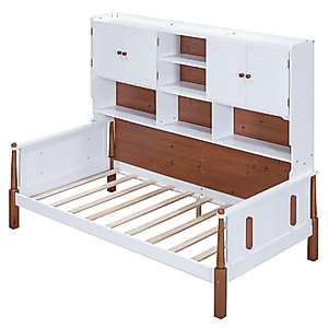 Harper & Bright Designs Twin Daybed with Bookcase Headboard, Twin Size Platform Bed with Storage Cabinet,Wood Twin Bed Frame for Kids Teens Adults (White+Walnut)